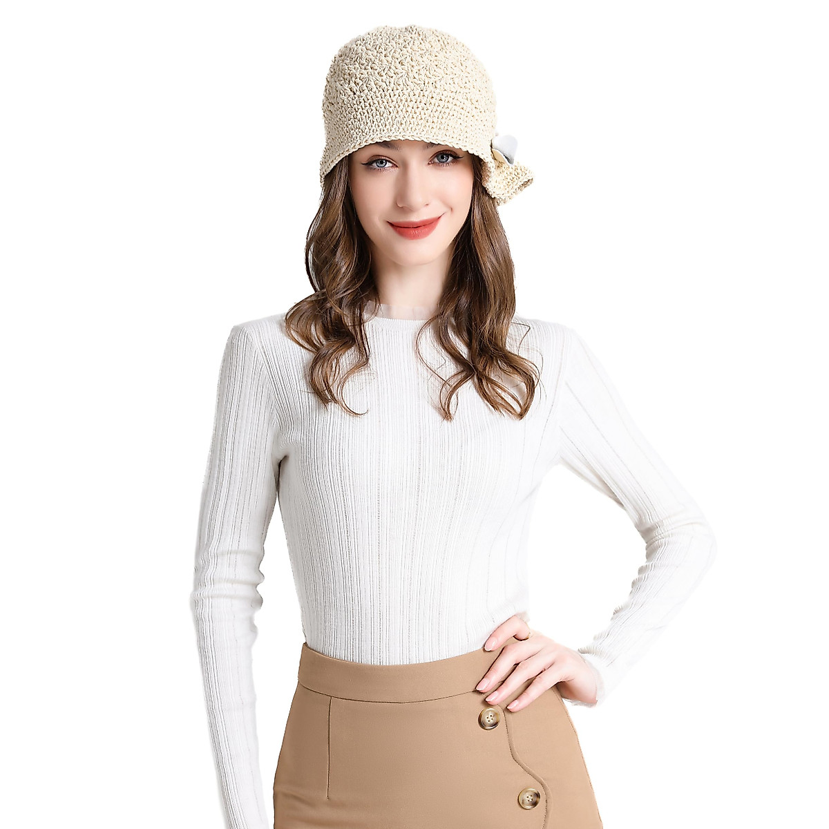 ZLYC Women Winter Crochet Bucket Hat Handmade Cotton Knit Cloche Bowler Hats (Bow Beige)