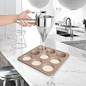 EgieMr Stainless Steel Pancake Batter Dispenser Funnels with Stand Great for Cupcakes, Takoyaki or Any Baked Goods