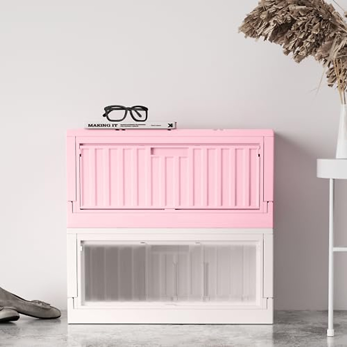 livinbox 45L collapsible storage bins with door, comic books container, dust-proof stack-able folding box for Home Office Bedroom Dorm Toys Bedding, white & transparent, FB-6432S-WTTR