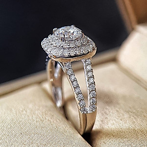 ZLAEBL 1.9ct Cushion Halo Moissanite Engagement Wedding Ring Platinum Plated Silver Rings for Women,6