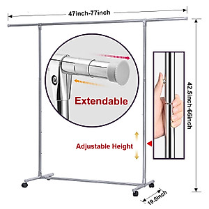 RELIANCER Heavy Duty Large Garment Rack Stainless Steel Clothes Drying Rack Commercial Grade Extendable 47-77inch Clothes Rack Adjustable Clothe Hanger Rolling Rack with 4 Casters Tool Golves 10 Hook