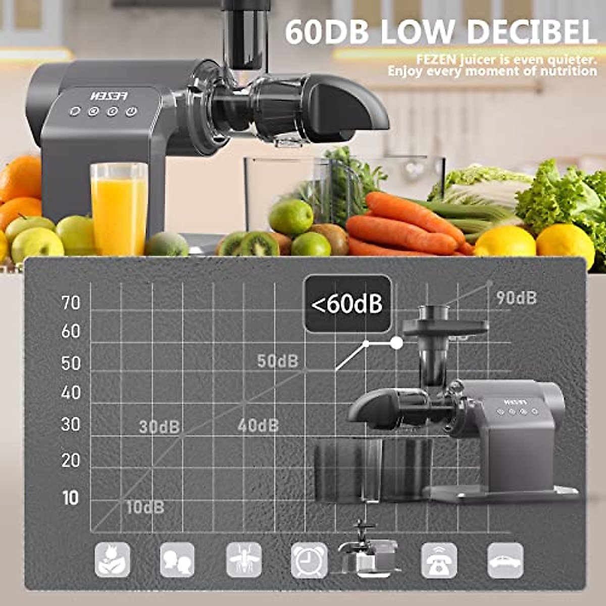 Juicer Machines, Fezen Slow Masticating Juicer Extractor, Cold Press Juicer with Two Speed Modes, Quiet Motor/Reverse Function, Higher Juice Yield Slow Juicer for Vegetables & Fruits, Easy to Clean