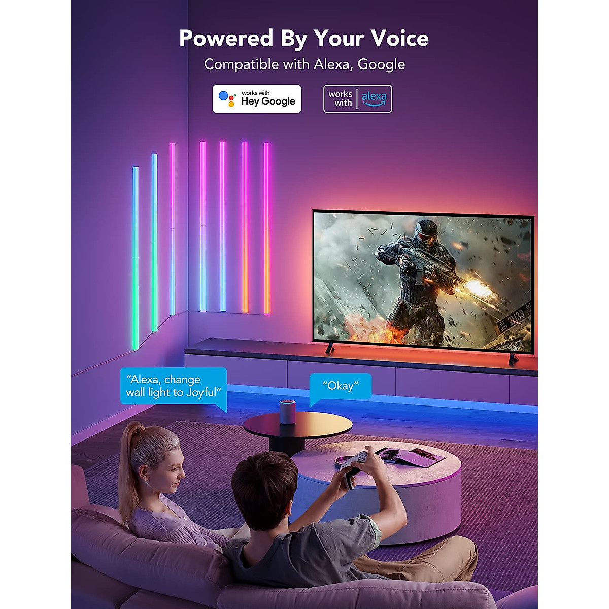 Govee Glide RGBIC Wall Lights, Music Wall Lights Works with Alexa and Google Assistant, Smart LED Light Bars for Bedroom, Living Room, Gaming Room, Party, Music Sync, 7 Panels Set (2 Sections/Panel)