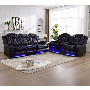 Caberryne Leather Recliner Sofa Set with LED Lights,Power Reclining Sofa and Loveseat Set with USB Port/Wireless Charger/Cup Holder for Living Room/House/Home Theater(2 Piece Set,Black)