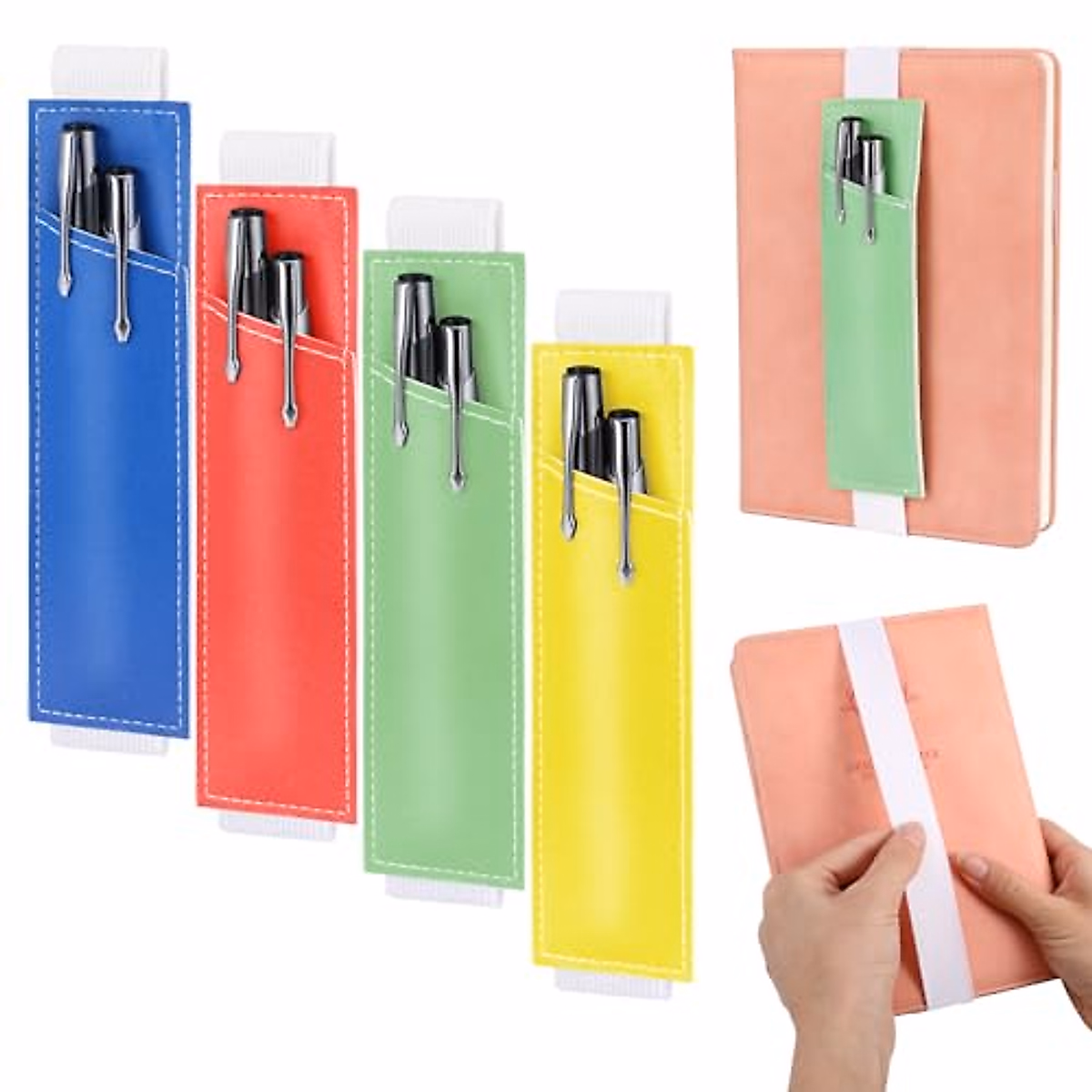 Jspupifip 4 Pieces Adjustable Elastic Pen Holder, Pen Holder for Notebook, Elastic Band Pencil Pouch, Detachable Pu Leather Pen Sleeve for Hardcover Journals, Notebooks(Red, Blue, Yellow, Green)