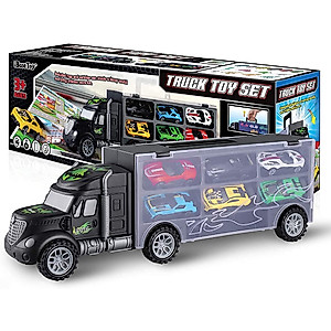 Dinosaur Toys Tools Set, 19 Dinosaurs Car Carrier Truck Toy, Including 1 Truck, 6 Mini Cars, 6 Dinosaurs, 3 Dinosaur Eggs, Dinosaur Truck Toys