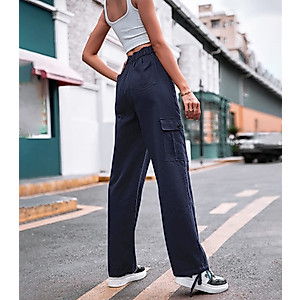 ZMPSIISA Women High Waisted Cargo Pants Wide Leg Casual Pants 6 Pockets Combat Military Trousers(Navy,Medium)