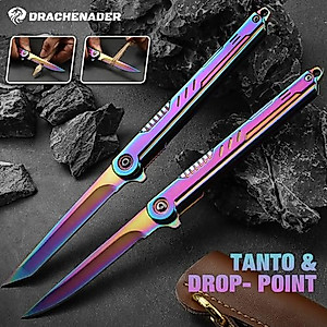 DRACHENADER Tanto Folding Knife for Women and Men, Rainbow Color Slim Gentleman's Tanto Balde Pocket Knife Small Mini Edc Knife for Keychain
