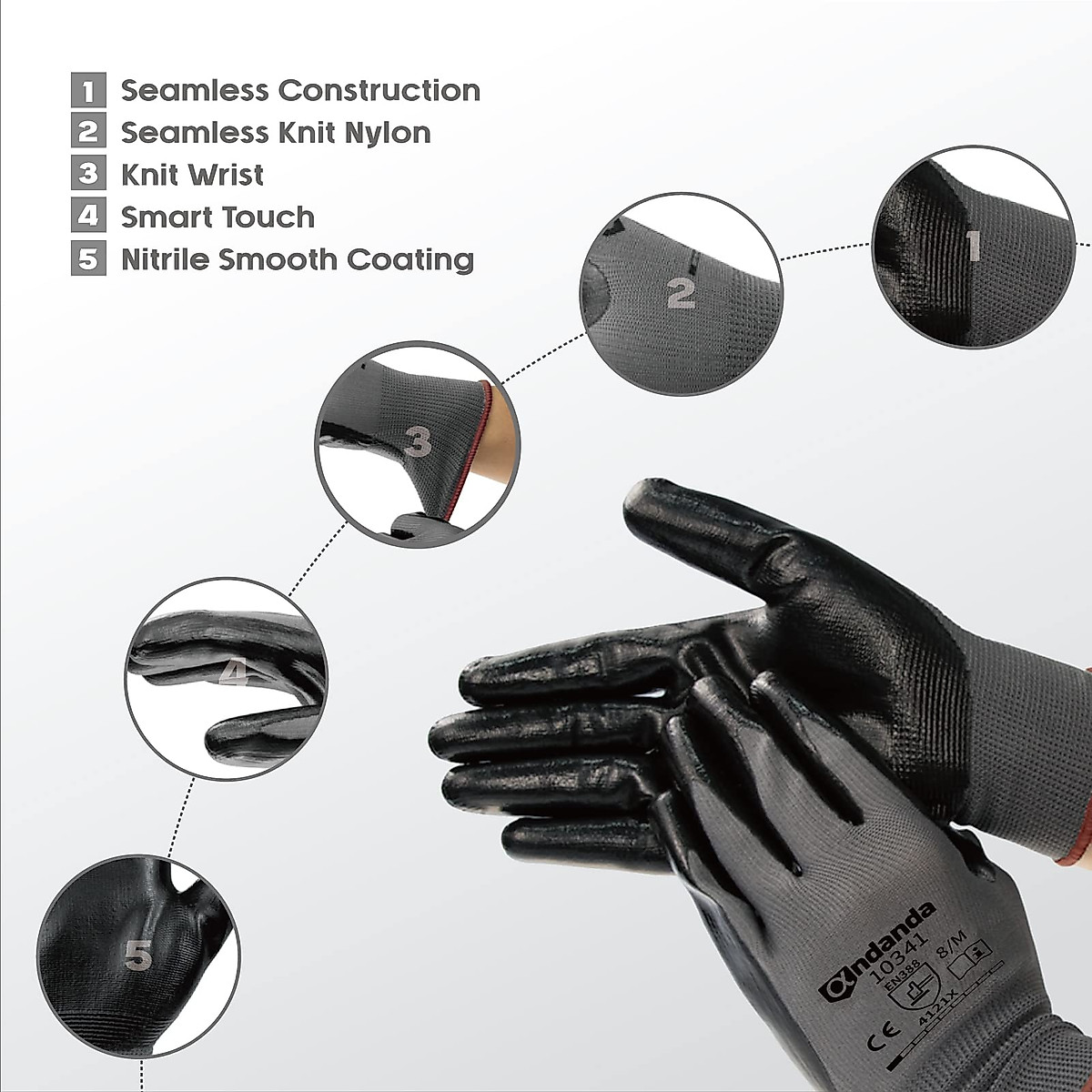 ANDANDA 12 Pairs Work Gloves, Smart Touch, 3D Comfort Stretch Fit, Nitrile Coated Work Gloves with Grip, Seamless Knit Nylon Work Gloves Men Suitable for Warehousing, Logistics, Handling, Black（XL）
