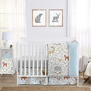 Sweet Jojo Designs Blue, Grey and White Woodland Deer Fox Bear Animal Toile Girl or Boy Baby Bedding 4 Piece Crib Set