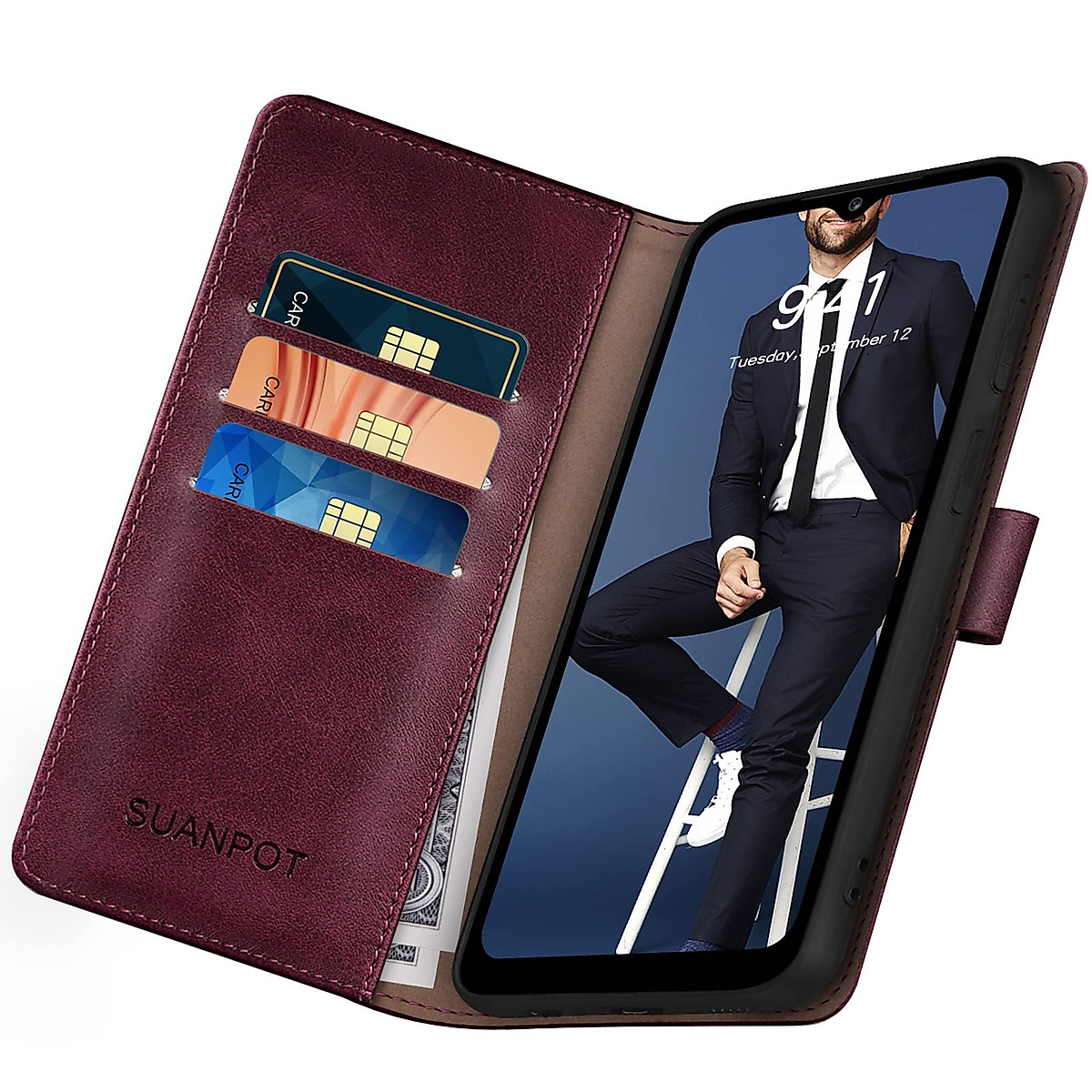 SUANPOT for Samsung Galaxy A03S Wallet case 【RFID Blocking】 Credit Card Holder, Flip Folio Book PU Leather Phone case Shockproof Cover Women Men for Samsung A03S case (Wine Red)