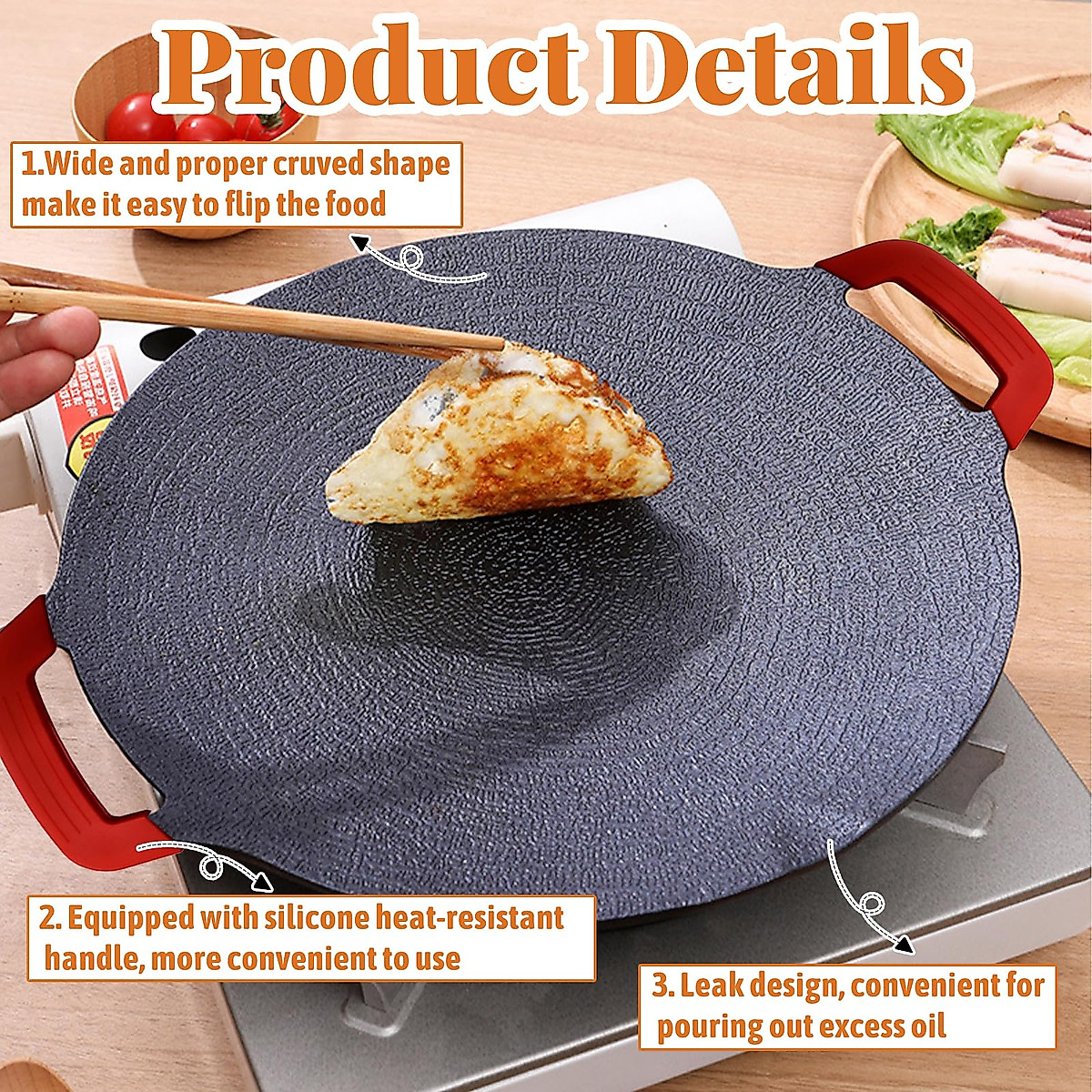 IFASHIHOME Korean Style BBQ Grill Pan,13" Non-stick Smokeless Circular Grill Pan with Silicone handle,Medical Stone Coated Barbecue Stovetops Frying Pan for Indoor Outdoor Camping baking Pan