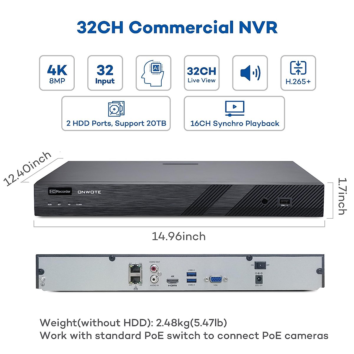 ONWOTE 4K 32 Channel NVR PoE IP Security Video Audio Recorder, Support 32CH Input 8MP/ 6MP/ 5MP, Multi-Mode Recording, NO Hard Drive, Work with PoE Switch, Support All ONWOTE PoE Camera