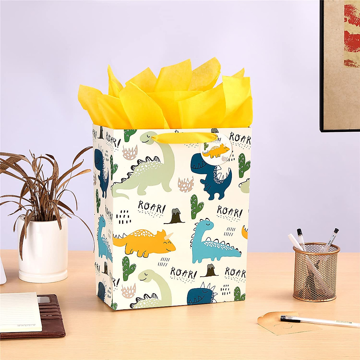 SUNCOLOR 13" Large Gift Bag with Tissue Paper for Kids (Dinosaurs)