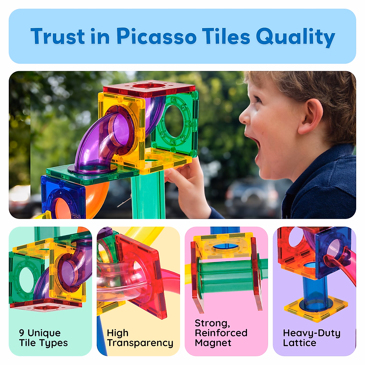 PicassoTiles Marble Run 100 Piece Magnetic Tile Race Track Toy Play Set STEM Building & Learning Educational Magnet Construction Child Brain Development Kit Boys Girls Age 3 4 5 6 7 8+ Years Old Toys