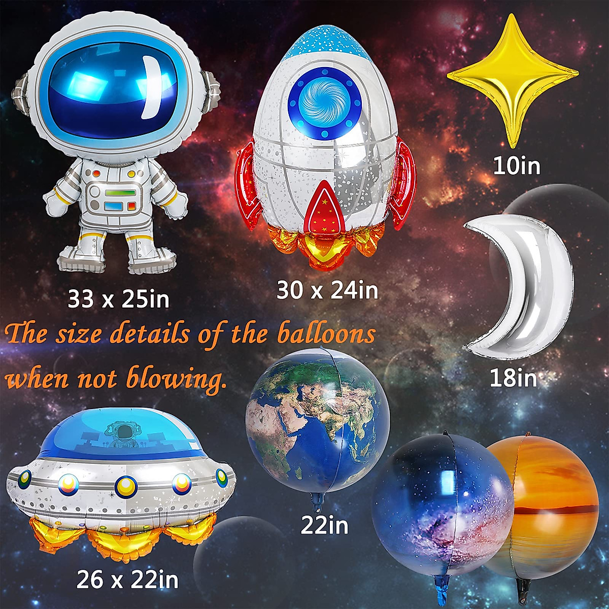 MIKIMIQI 9 Pcs Outer Space Balloons Space Themed Foil Balloons UFO Party Supplies Decorations Large Moon Stars Planet Rocket Astronaut UFO Balloon Baby Shower Birthday Party Supplies Favors