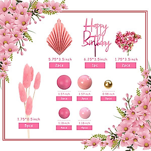 29 PCS Flower Boho Cake Topper Balls Cake Decorations with Hot Pink and Gold Balls Palm Leaves Artificial Plants for Wedding Baby Shower Oh Baby Boys Girls Birthday Themed Party Supplies (Hot Pink)