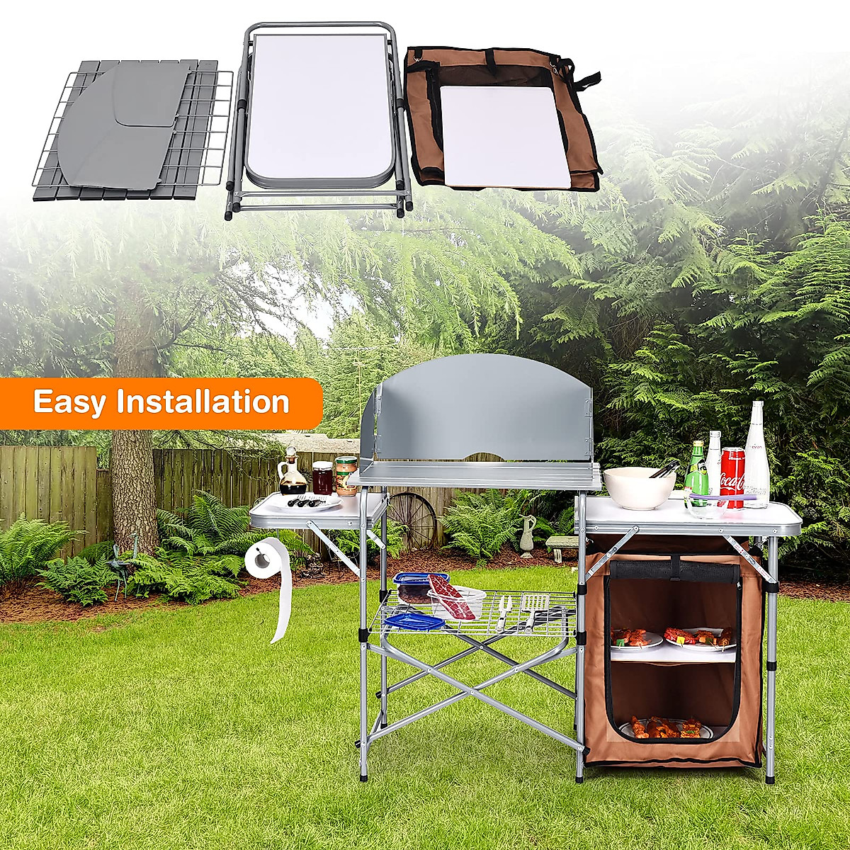 Giantex Folding Grill Table with 26'' Tabletop and Detachable Windscreen, Aluminum Portable Camp Cook Station Carry Bag Quick Set-up, BBQ Camping Picnic Backyard Outdoor Camping Kitchen Table (Brown)