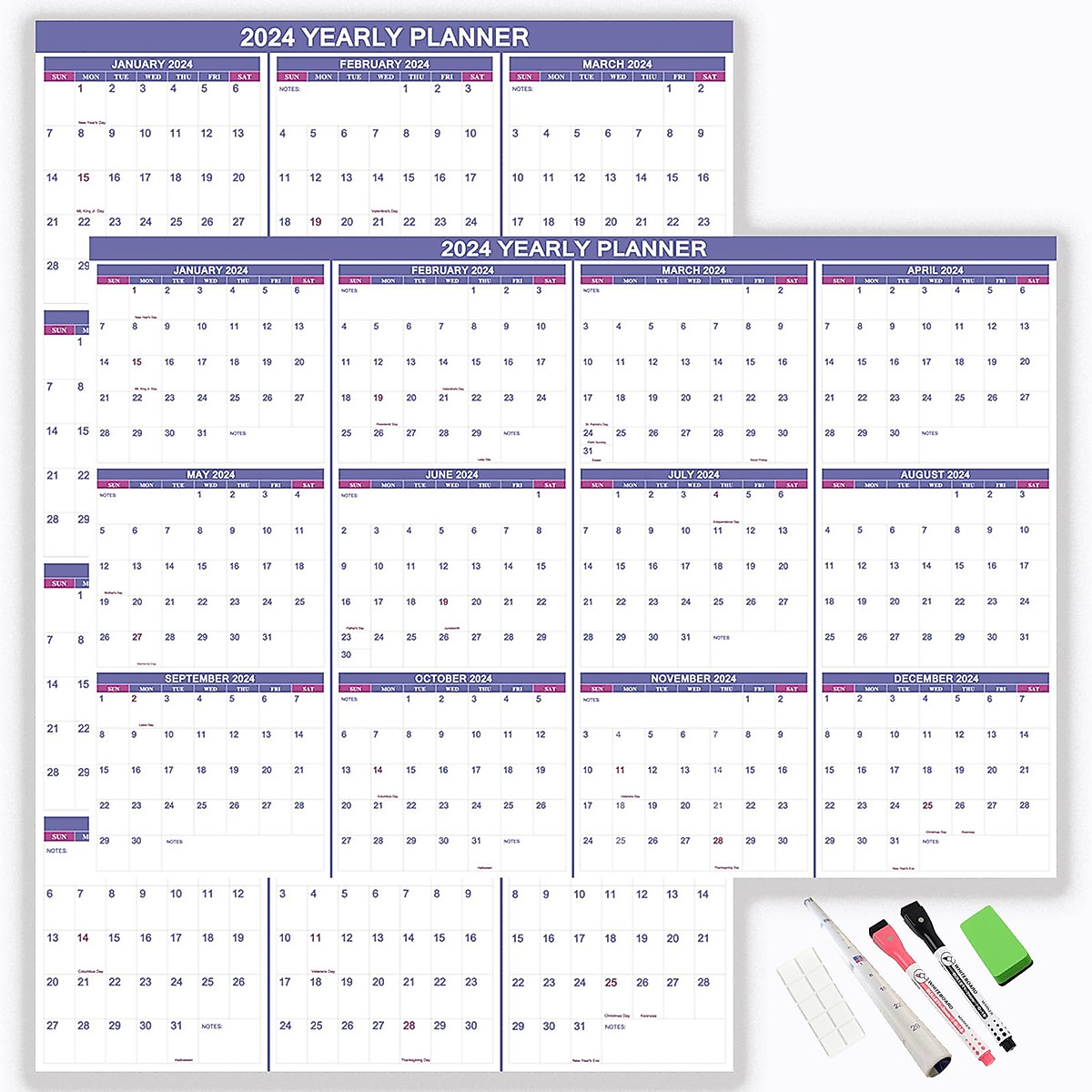 2024 Wall Calendar Erasable 32"x48" Wet & Dry Erase Laminated 12 Month Annual Yearly Wall Calendar,2-Sided Vertical/Horizontal, Reversible,Erasable & Reusable Calendar for Home Office School (Purple)