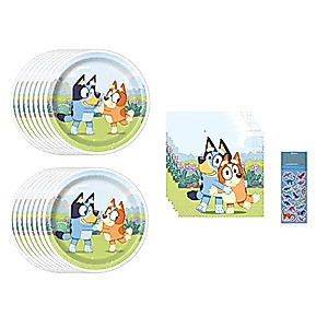Unique Bluey Birthday Party Supplies Bundle Pack includes Dessert Cake Paper Plates, Beverage Dessert Cake Napkins - Bundle for 16