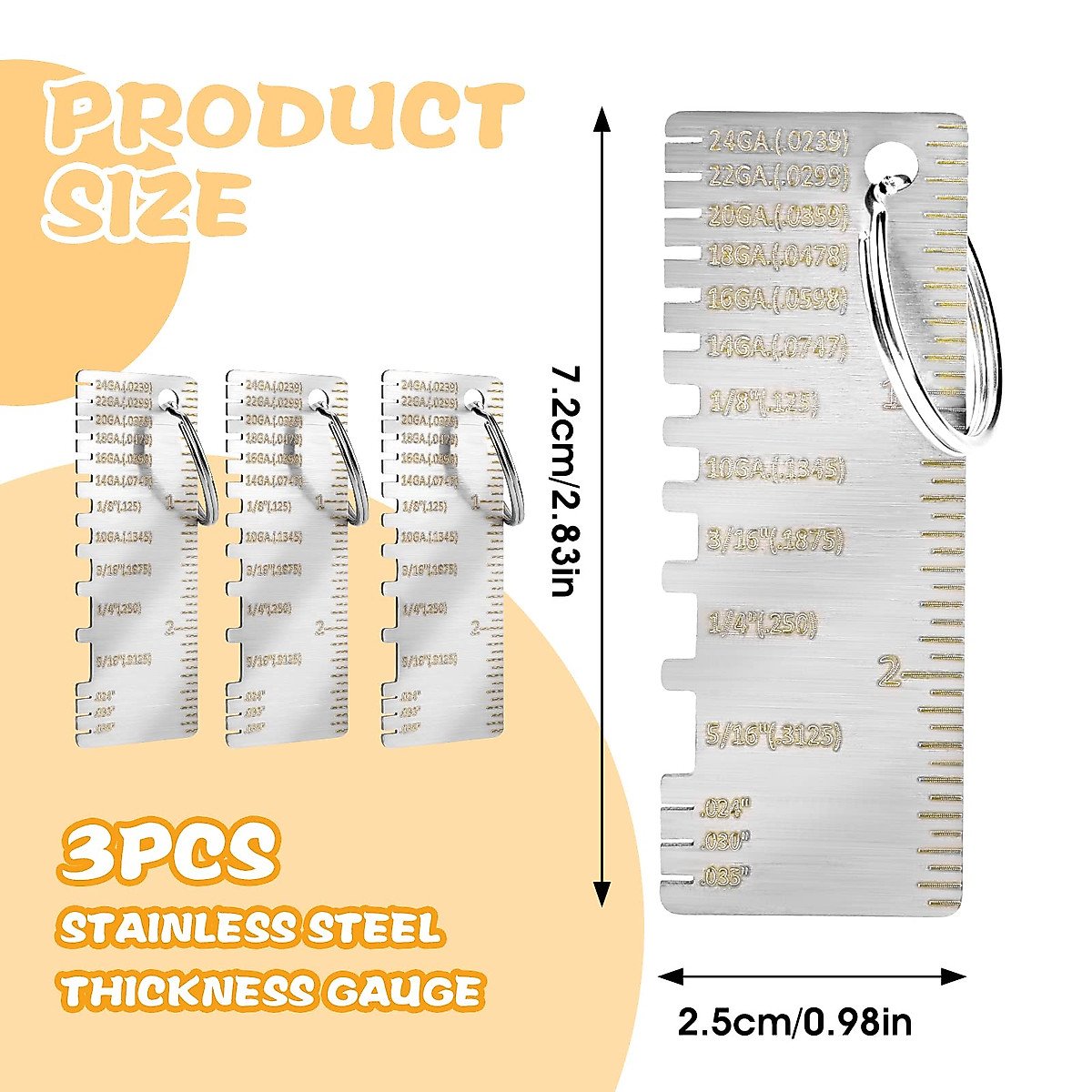 Lusofie 3Pcs Metal Gauge Thickness Tool, Stainless Steel Mini Portable Metal Sheet Thickness Gauge Material Wire Thickness Gage