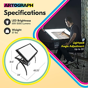 Artograph Futura Light Tracing Table for Artists with Storage and Adjustable, Dimmable Glass Work Top