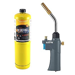 BLUEFIRE BTS-8090 Auto ON/OFF Trigger Start Heavy Duty Gas Welding Torch Head Adjustable Swirl Flame Hand Hold Portable Fuel by MAPP/MAP Pro/Propane 1lb Bottle Tank (Torch Kit with MAPP Cylinder)