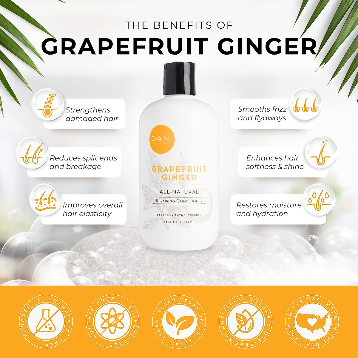 DANI Natural Nourishing Conditioner Naturals - Organic Ingredients Hydrate & Strengthen Hair - Sulfate, Phthalate & Paraben Free - Vegan & Cruelty Free - 12 Ounces (Grapefruit Ginger)