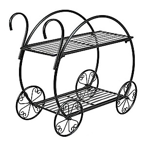 aboxoo Two-Tiered Garden Cart Metal Plant Stand, Succulent Flower Pot Holder Display Shelf for Indoor Outdoor Home Patio Garden Flower Shop, Parisian Style Plant Potted Rack(Black)