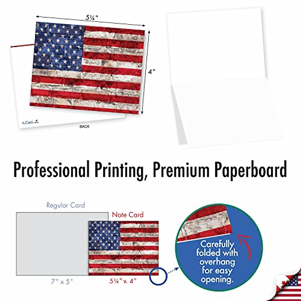 The Best Card Company - 10 American Flag Boxed Cards Blank (4 x 5.12 Inch) - Assorted Patriotic Cards for All Occasions, Veterans, USA - Flag Day M2013