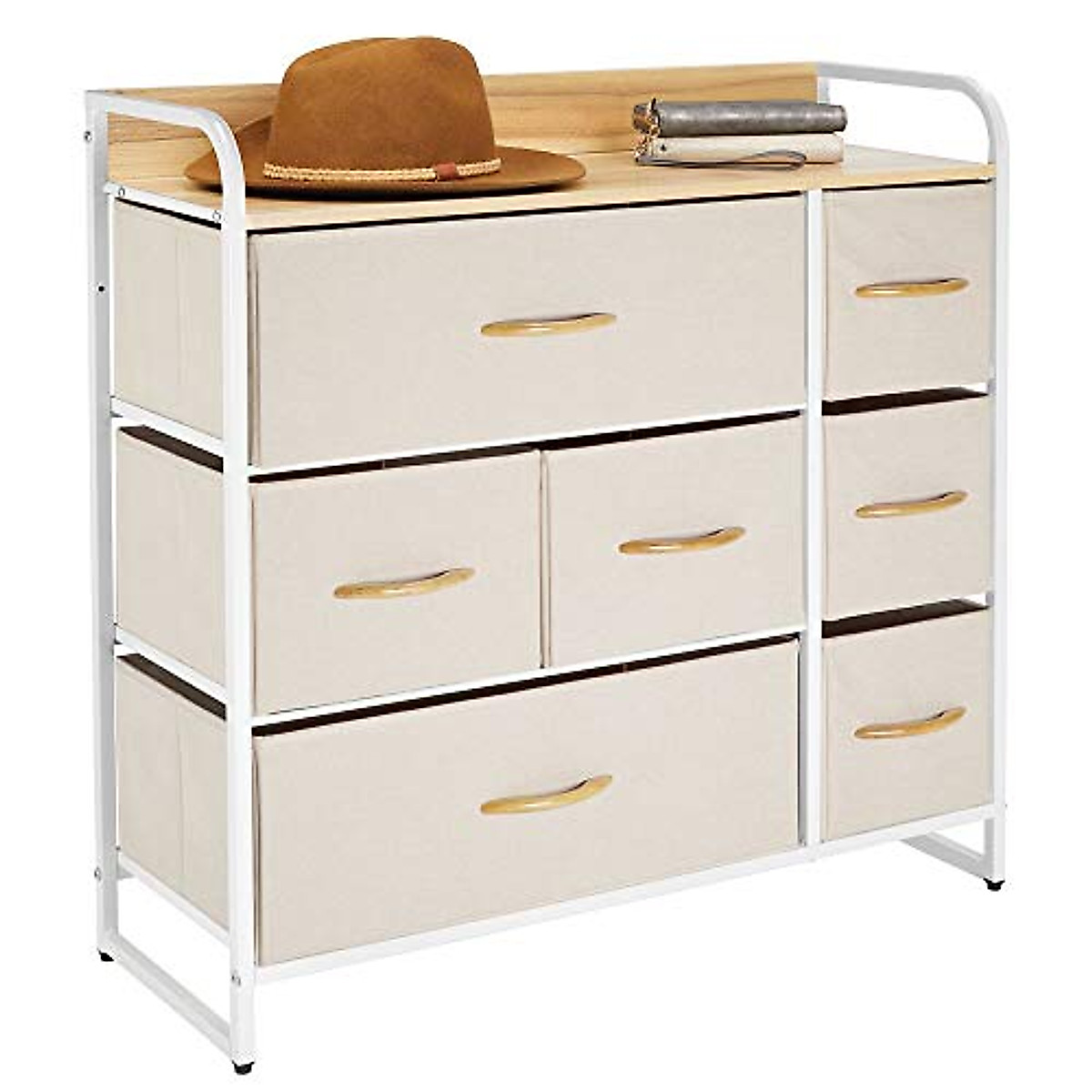 mDesign 30.9" High Steel Frame/Wood Top Storage Dresser Furniture Unit with 7 Removable Fabric Drawers - Large Bureau Organizer for Bedroom, Living Room, Closet - Cream/White