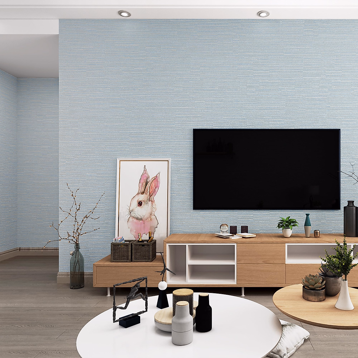 Haimin Grasscloth Wallpaper Peel and Stick 20.9in X 393in Fabric Contact Paper Wall Paper Textured Wallpaper Horizontal Stripes Look Wallpaper Self-Adhesive Thick Vinyl Embossed Wallpaper (Light Blue)