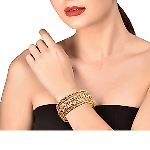 Touchstone "Golden Bangle Collection Exotic Filigree and Grain Work Clear Rhinestone Indian Bollywood Thick Thin Metal Bangle Bracelets in Antique Gold Tone for Women. Set of 6.