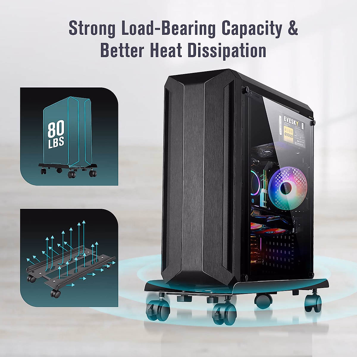 Metal Computer Tower Stand, Heavy Duty Mobile CPU Stand, CPU Holder Cart Under Desk, Width Adjustable Desktop Stand with Rolling Caster Wheels, PC Tower Stand Holder Fits Most Gaming PC Case - Black