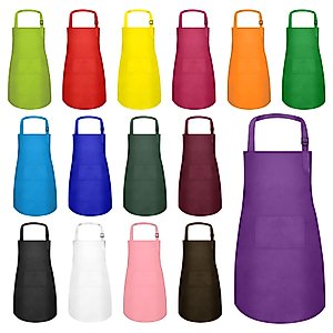 IMERAGO 15 PCS Kids Aprons with Pockets Adjustable Chef Painting Aprons Bulk for Girls Boys Aged 6-13 Cooking Baking Crafting Multicolor