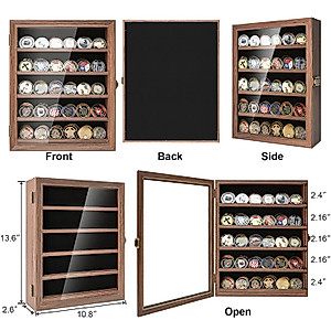 Military Challenge Coin Display Case Holder with HD Toughened Glass and Wall Mount, Wooden Coin Stand Rack with Removable 2 Grooves Shelves, Rustic Brown…