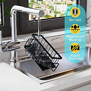 TWRYAMG Sponge Holder for Kitchen Sink-Kitchen Sponge Holder for Organizing Sponge, Brush & Soap Dish Dispenser, Kitchen Sink Organizer Rack with Divider Black