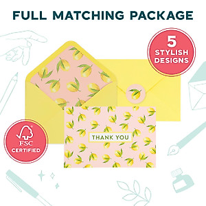 VNS Creations Lemon Thank You Cards with Envelopes & Stickers (50 pack, 5 Citrus Designs) - 4x6 Bridal Shower Thank You Cards for Citrus Themed Bridal Shower, Weddings, Kids Birthday, and Baby Shower