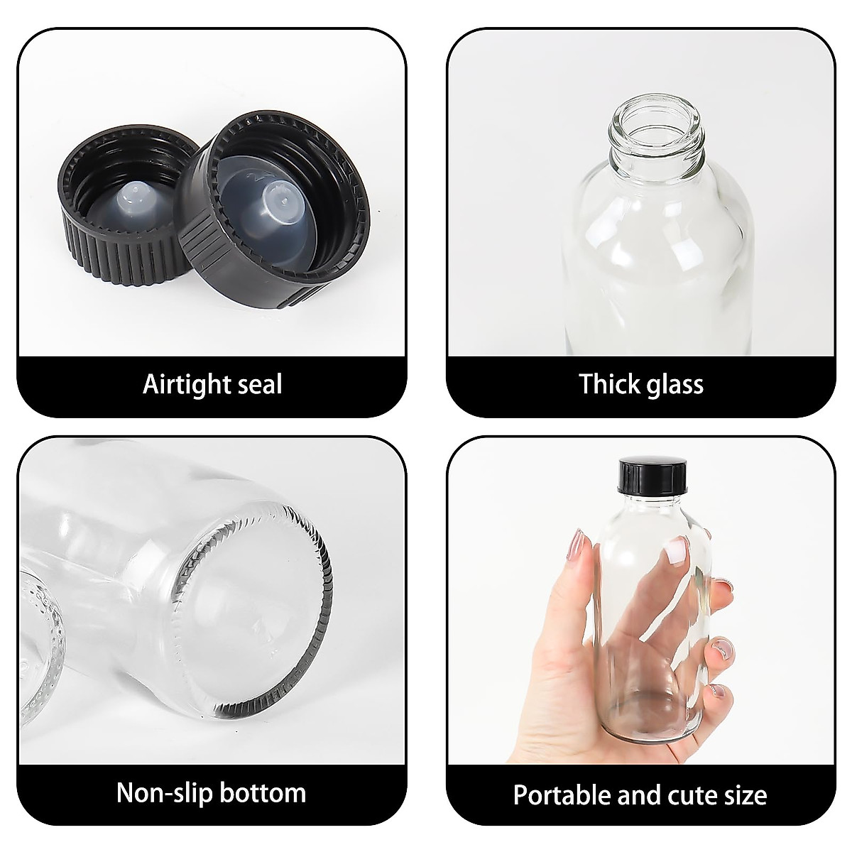 4 oz Clear Glass Bottles with Lids,15 Pack Ginger Shots Bottles Small Glass Bottles with Black Poly Cone Caps for Essential oils,120ml Boston Round Samples Bottles for Juice,Dispensing,Travel Use