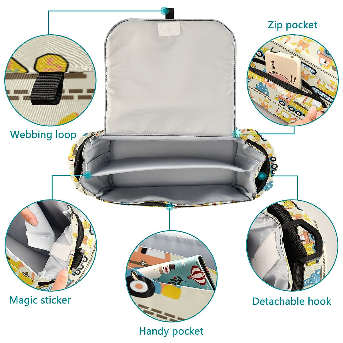 Cartoon Car Stroller Organizer with Cup Holder Universal Stroller Organizer Bag Detachable Shoulder Strap Stroller Accessories for Diaper Snacks Toys Keys Fit All Baby Stroller