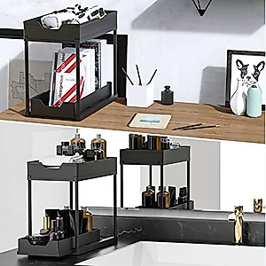 Verdenu Under Sink Organizer, 2 Tier Sliding Drawer Pull Out Organizer and Storage, Under Cabinet Organizer, Bathroom Organizer Under Sink with Hanging Cups and 4 Hooks for Bathroom, Kitchen