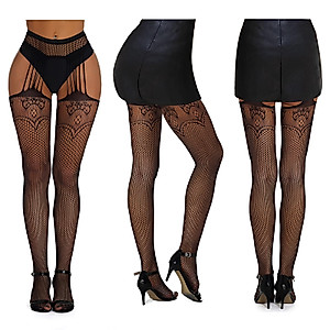 SOUTHRO 5 Pairs Black Thigh High Stockings Patterned Tights-Fishnet/Net,Garter Belts Set & Suspender Pantyhose for Women