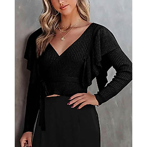 KIRUNDO Women's 2024 Fall Fashion Long Sleeve Cropped Wrap V Neck Sweater Ruffle Tie Waist Slim Fit Ribbed Knit Pullover (Black, Medium)