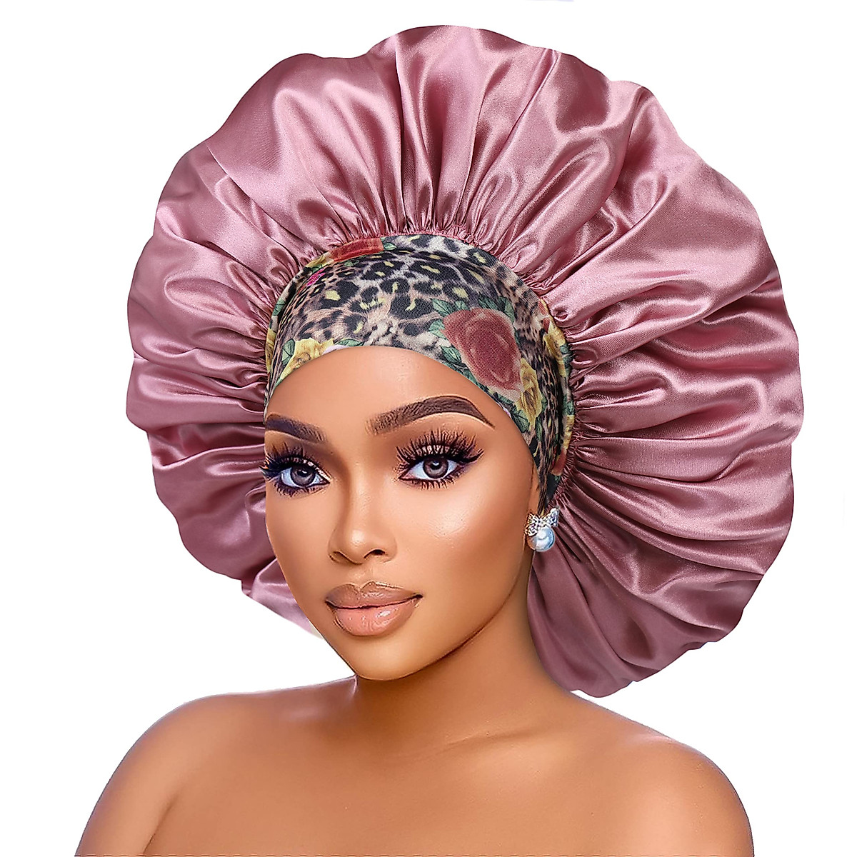 Silk Satin Bonnet Hair Cap: 2pcs 17inch Diameter Extra Large Jumbo Sleeping Satin Bonnets with Comfortable Flower Band - High Density Satin Bonnets for Women Braids Curly Night Cap (Black & Rosegold)