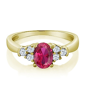 Gem Stone King 18K Yellow Gold Plated Silver Red Created Ruby and White Topaz Women Ring (0.74 Ct Oval, Available in size 5, 6, 7, 8, 9)