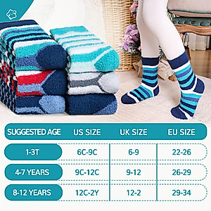 Kids Fuzzy Slipper Socks with Grips Children Boys Girls Toddlers Non Slip Warm Winter Cozy Fluffy Thermal Cute Socks 6 Pairs (8-12 Years, Stripe)