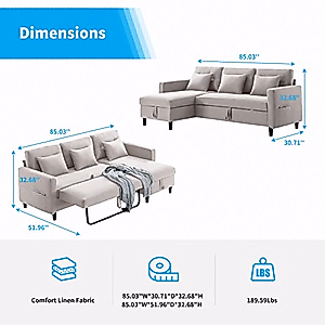 Horgaeo Pull Out Sofa Bed, Convertible Sleeper Sofa with 3 Free Cushions, L Shaped Sofa Couch with Storage Chaise, 4 Storable Pockets Linen Fabric Sectional Couch Bed for Living Room (Beige)
