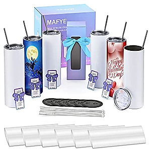 MAFYE Sublimation Tumblers, 6pack 20 oz Skinny Straight Tumbler with Straw Lids, Sublimation Shrink Wrap & Tumbler Cards Sublimation Blanks Product Stainless Steel Tumbler for Mug Press, Present Box