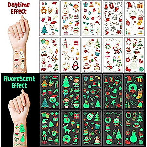 Luminous Christmas Temporary Tattoos for Kids Stocking Stuffers 130 PCS Cute Fake Face Body Tattoo Sticker Gifts for Boys Girls Adults Xmas Eve Holiday Birthday Party Favors Supplies Decorations