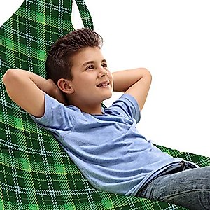 Lunarable Hunter Green Lounger Chair Bag, Scottish Nostalgic Tartan with Bands English Retro British Design, High Capacity Storage with Handle Container, Lounger Size, Emerald Fern Yellow